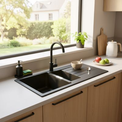 Évier à encastrer en composite de quartz noir 1,5 bac avec égouttoir, L ...