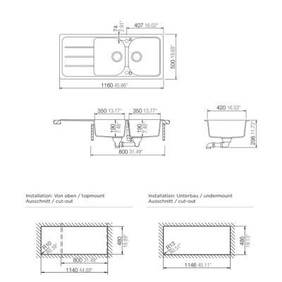 Évier à encastrer en composite de quartz noir 2 bacs avec égouttoir, L ...