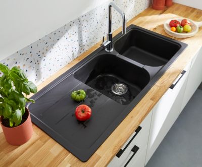 Évier à encastrer en composite de quartz noir 2 bacs avec égouttoir, L ...
