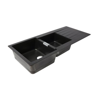 Évier à encastrer en composite de quartz noir 2 bacs avec égouttoir, L ...