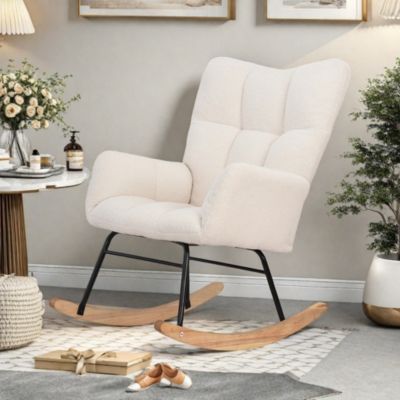 Fauteuil à bascule en tissu teddy blanc cassé, design cosy et moderne ...
