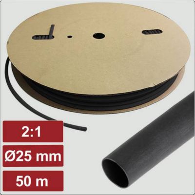 Gaine thermorétractable PE noir 25 mm x 50 m, taux 2:1, sans colle