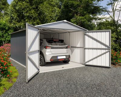 Garage métal gris 14 m2 Yardmaster + kit d'ancrage