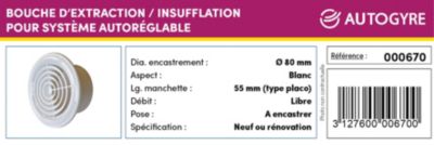 Grille d'aération pvc Autogyre ventilation naturelle ou VMC blanc Ø80 ...
