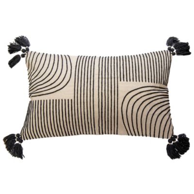 Housse de coussin brodée à pompons en coton blanc et noir L.50 x l.30cm ...