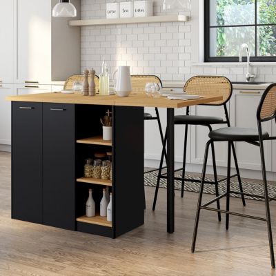 Ilot central CESAR 140 cm 5 personnes bois noir avec plan de travail ...
