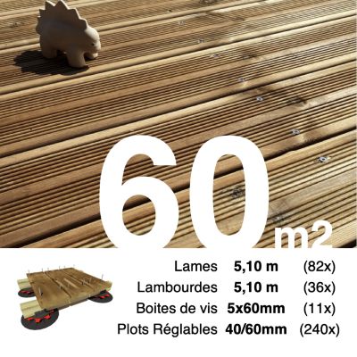Kit complet terrasse Pin autoclave Marron pour 60 m², Lames 5,1 m ...