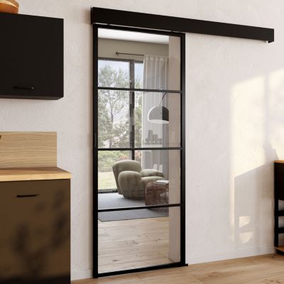 Kit porte coulissante vitrée verre trempé 83 cm en métal + MDF avec ...