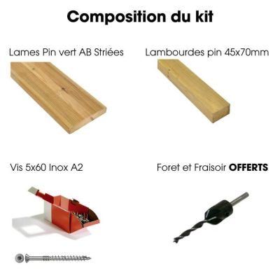Kit terrasse complet - PIN VERT - AB STRIÉ - Ep.27 mm x l.145 mm - L.3 ...
