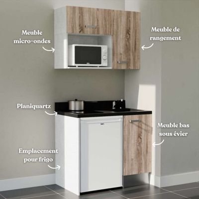 Kitchenette K00 - 100 cm - façades Bois - Plan monobloc en quartz ...