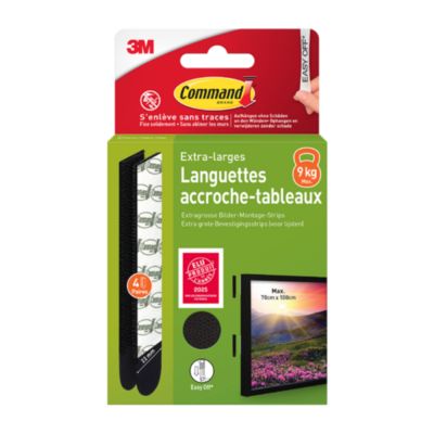 Languette adhésive accroche tableau 3M Command noir XL - 4 paires
