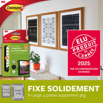 Languette adhésive accroche tableau 3M Command noir XL - 4 paires
