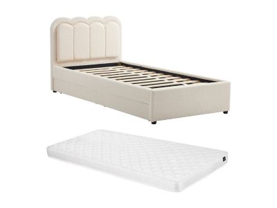 Lit 90 x 190 cm avec 2 tiroirs - Avec LEDs - Tissu bouclette - Crème ...