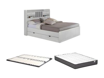 Lit avec rangements 140 x 190 cm - Pin - Blanc + Sommier + Matelas ...