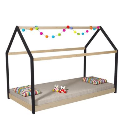 Lit cabane PANDA 90x190 + 1 sommier / Noir et Bois clair