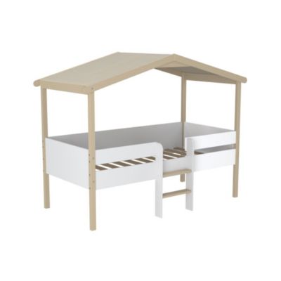 Lit cabane PILOTI 90x190 + 1sommier / Blanc et Bois clair