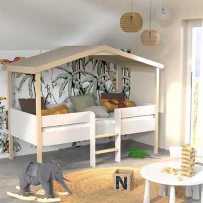 Lit cabane PILOTI 90x190 + 1sommier / Blanc et Bois clair