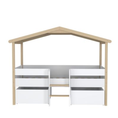 Lit cabane PILOTI 90x200 + 2 tiroirs + 1sommier / Blanc et naturel ...