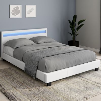 Lit double NEO avec tête de lit LED intégrées et sommier 140 x 190 cm ...