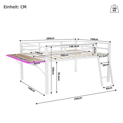 Lit mezzanine 140x200 cm en métal blanc avec garde-corps, échelle ...