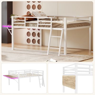 Lit mezzanine 140x200 cm en métal blanc avec garde-corps, échelle ...
