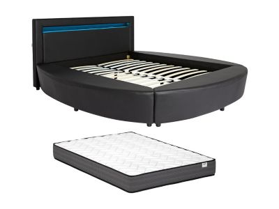 Lit rond 160 x 200 cm - Avec LEDs - Simili - Noir + Matelas - ABULIS III