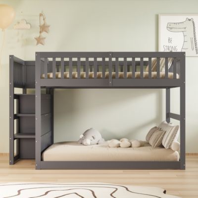 Lit superposé bas 140x200 cm en bois gris, barrière haute et rangement ...