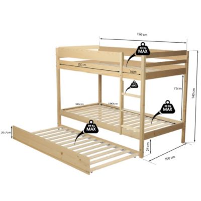 LIT SUPERPOSE WALLY 90x190 + 2 SOMMIERS + 1 LIT TIROIR/ Bois clair