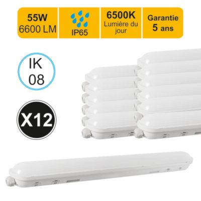 Lot de 12 réglettes LED étanche 1500mm 55W 6600 LM 6500K IP65 ...