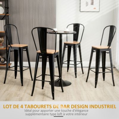 Lot de 4 tabourets de bar industriel avec dossier repose-pied assise H ...