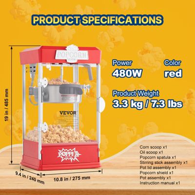 Machine pop corn 480 W, bol 113 g, verre trempe, 3 cuillères. Style ...
