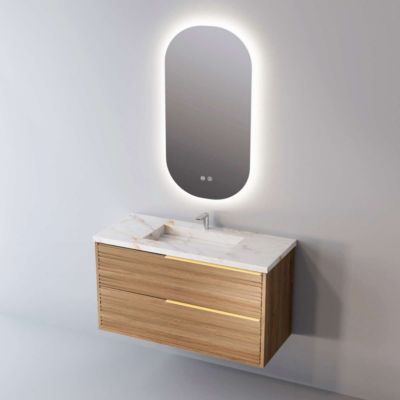 Meuble de salle de bain plan vasque Solide Surface, 2 Tiroirs,l80xh54xp45, Chêne Naturel Poigné ...