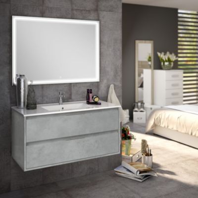Meuble de salle de bain simple vasque - 2 tiroirs - IRIS et miroir Led VELDI - ciment (gris ...