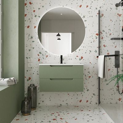 Meuble de Salle de Bains LEON 80cm Vert Olive - 2 Tiroirs en MDF ...