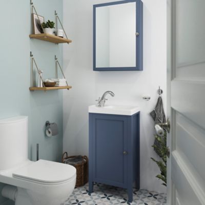 Meuble lave mains à poser bleu mat l.44 cm Perma + plan vasque blanc ...