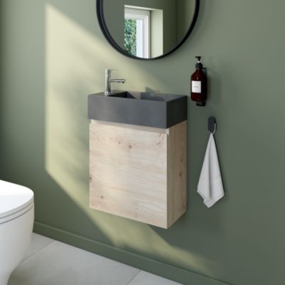 Meuble lave mains effet chêne artisan l.45 cm + plan vasque lave mains ...