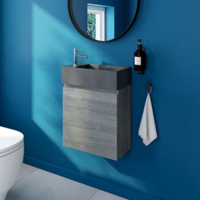 Meuble lave mains suspendu effet chêne clair l.45 cm + plan vasque lave ...