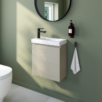 Meuble lave mains suspendu effet chêne l.45 cm + plan vasque lave mains ...