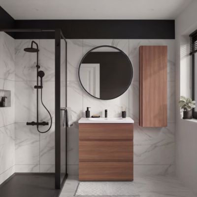 Meuble sous vasque à poser effet chêne foncé 3 tiroirs l.80 x H.86,5 x ...