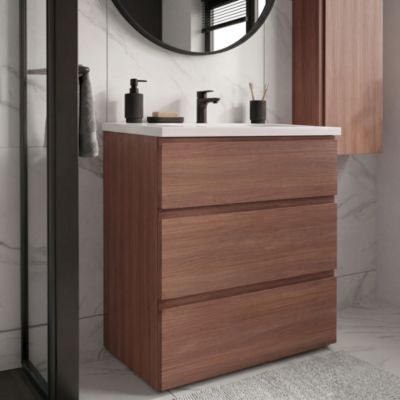 Meuble sous vasque à poser effet chêne foncé 3 tiroirs l.80 x H.86,5 x ...