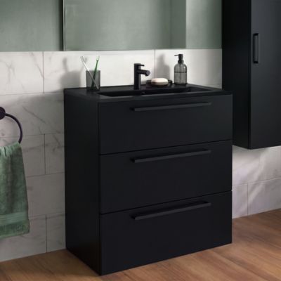 Meuble sous vasque à poser noir mat l.80 cm 3 tiroirs Imandra + plan ...