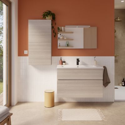 Meuble sous vasque faible profondeur effet chêne l.90 cm 2 tiroirs ...