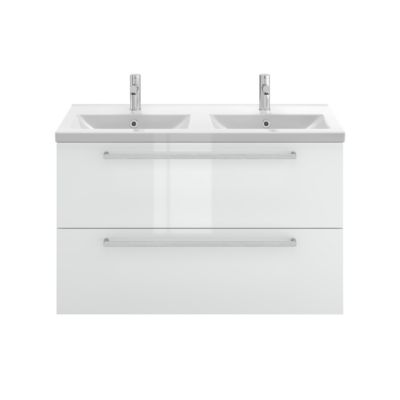 Meuble sous vasque suspendu blanc brillant l.100 cm 2 tiroirs Imandra ...