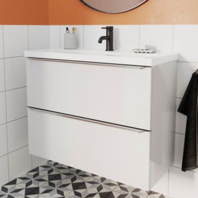 Meuble sous vasque suspendu faible profondeur blanc brillant l.80 x H ...