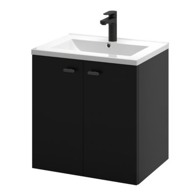 Meuble sous vasque suspendu noir mat l.60 cm 2 portes Imandra + plan ...