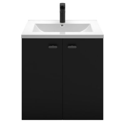 Meuble sous vasque suspendu noir mat l.60 cm 2 portes Imandra + plan ...