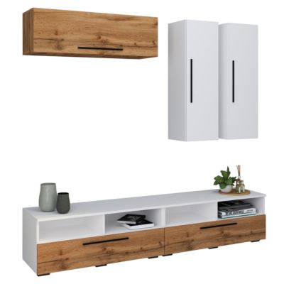 Meuble téléviseur Arila H. 200 x L. 190 x P. 40 cm Blanc/Hong Eiche