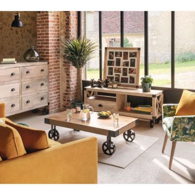 Meuble TV 1 porte en manguier Beige, L. 140 x l. 40 x H. 58 cm, SILAS