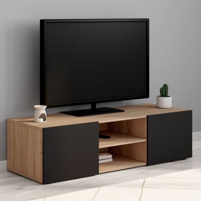 Meuble TV 113 cm ELI bois façon hêtre portes noires | Castorama