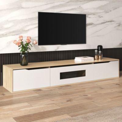 Meuble TV avec Éclairage LED - 3 Compartiments de Rangement - Panneau ...